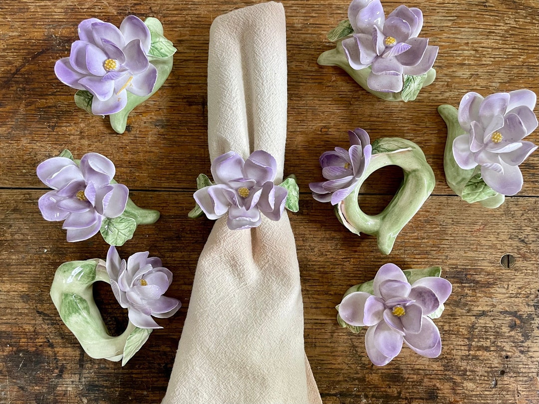 Flower Napkin Holders Set of 8 Purple Porcelain Floral Napkin Rings ...