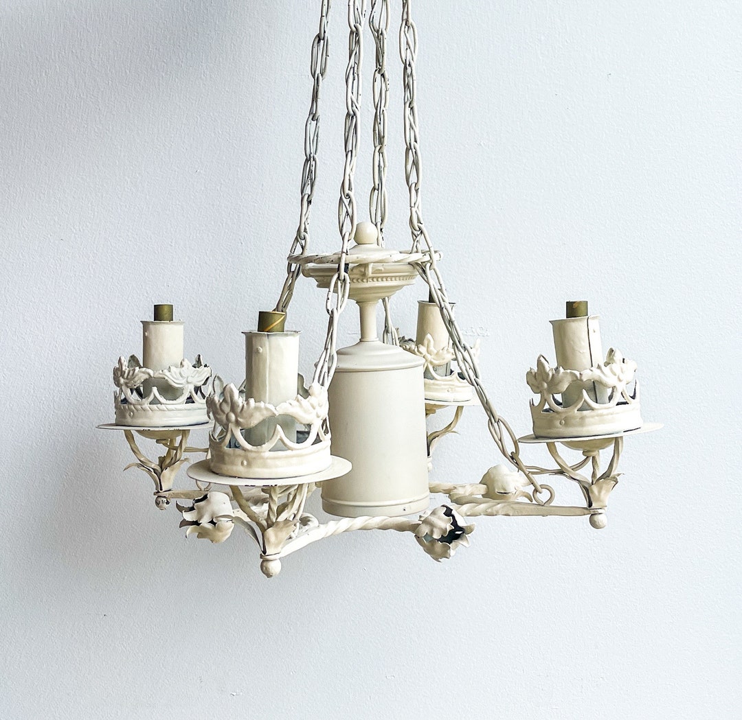 SALE Vintage Cream Toleware Painted Metal Chandelier Flowers Chippy ...