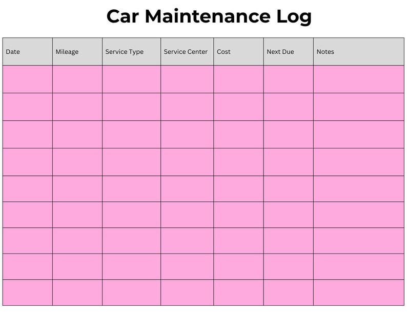 Car Maintenance Log Printable – 5 Color Bundle | Vehicle Service ...