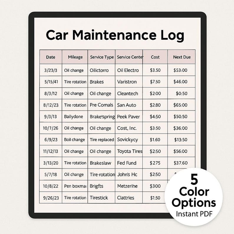 Car Maintenance Log Printable – 5 Color Bundle | Vehicle Service ...