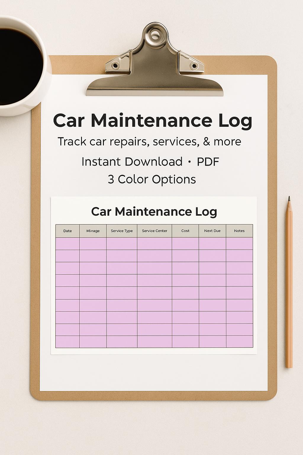 Car Maintenance Log Printable – 5 Color Bundle | Vehicle Service ...
