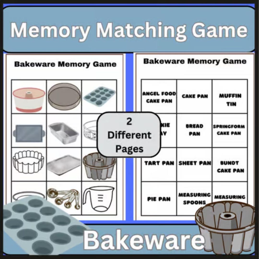 Printable Bakeware Memory Game, Matching Cards Set, Cooking Class Theme ...