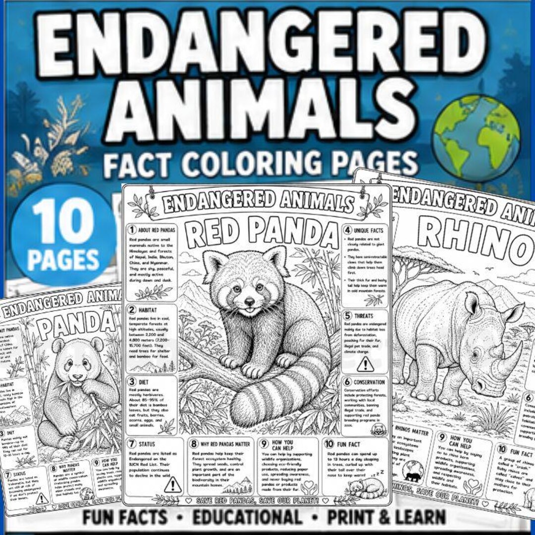 Endangered Animal Fact Coloring Pages | Wildlife Conservation Printable ...