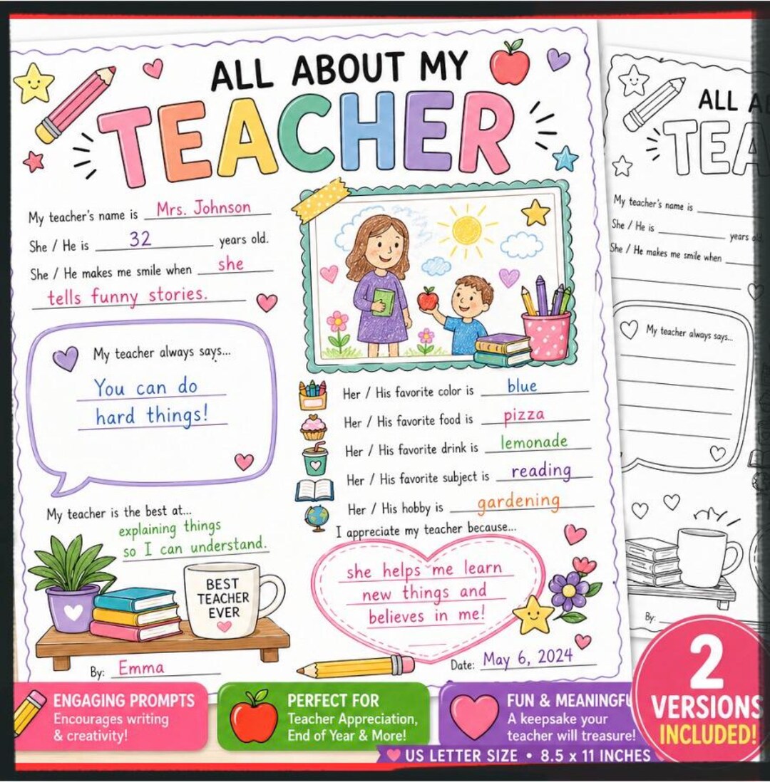 All About My Teacher Printable Worksheet, Teacher Appreciation Gift ...