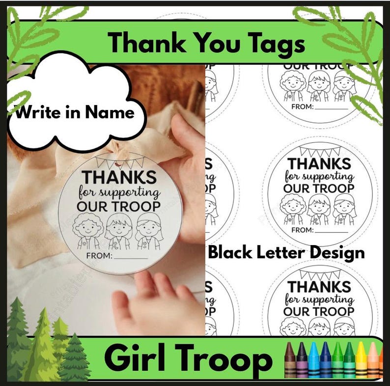 Girl Troop, Thank You Tags | Coloring Appreciation Labels (instant ...