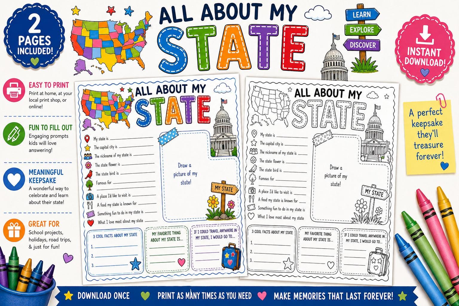 All About My State Printable Worksheet, US State Report Template for ...