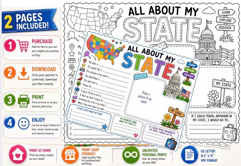 All About My State Printable Worksheet, US State Report Template for ...