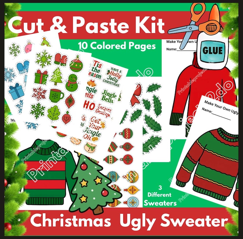 Ugly Christmas Sweater Cut & Paste Kit – Kids Printable Activity ...