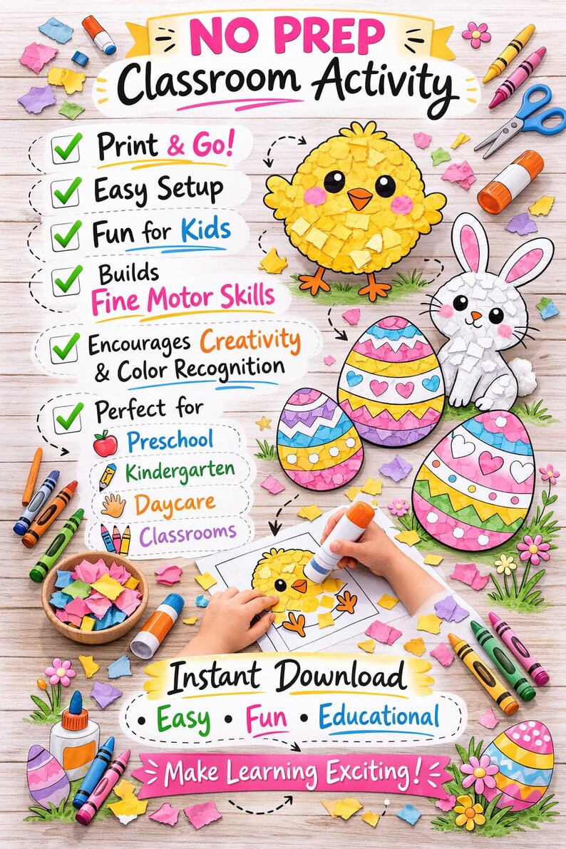 Easter Tissue Scrap Torn Paper Chick Bunny Egg Craft Bundle, Preschool ...