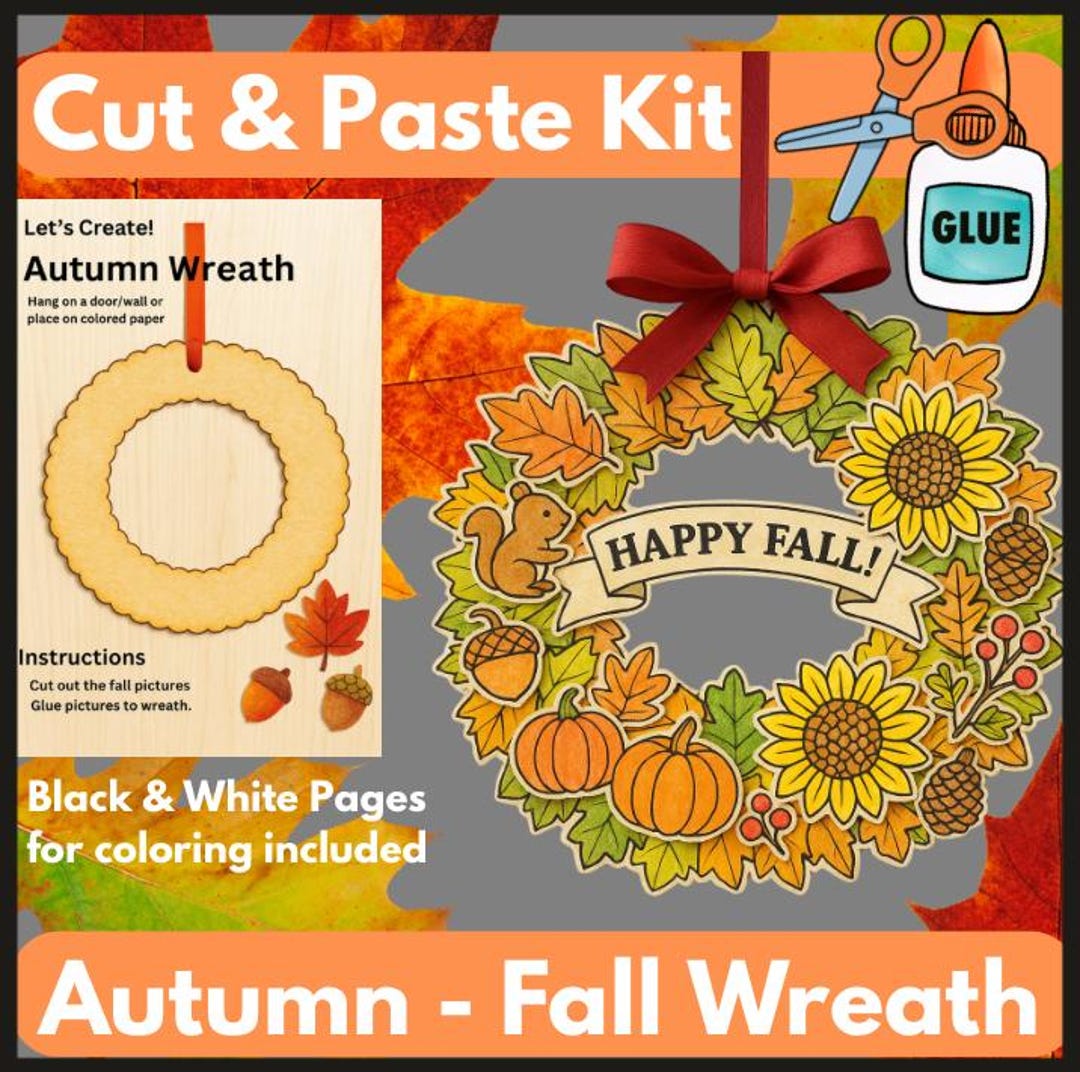 Printable Fall Wreath Craft Kit, Kids Autumn Activity (color and B&W ...