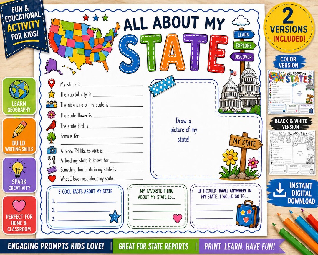 All About My State Printable Worksheet, US State Report Template for ...