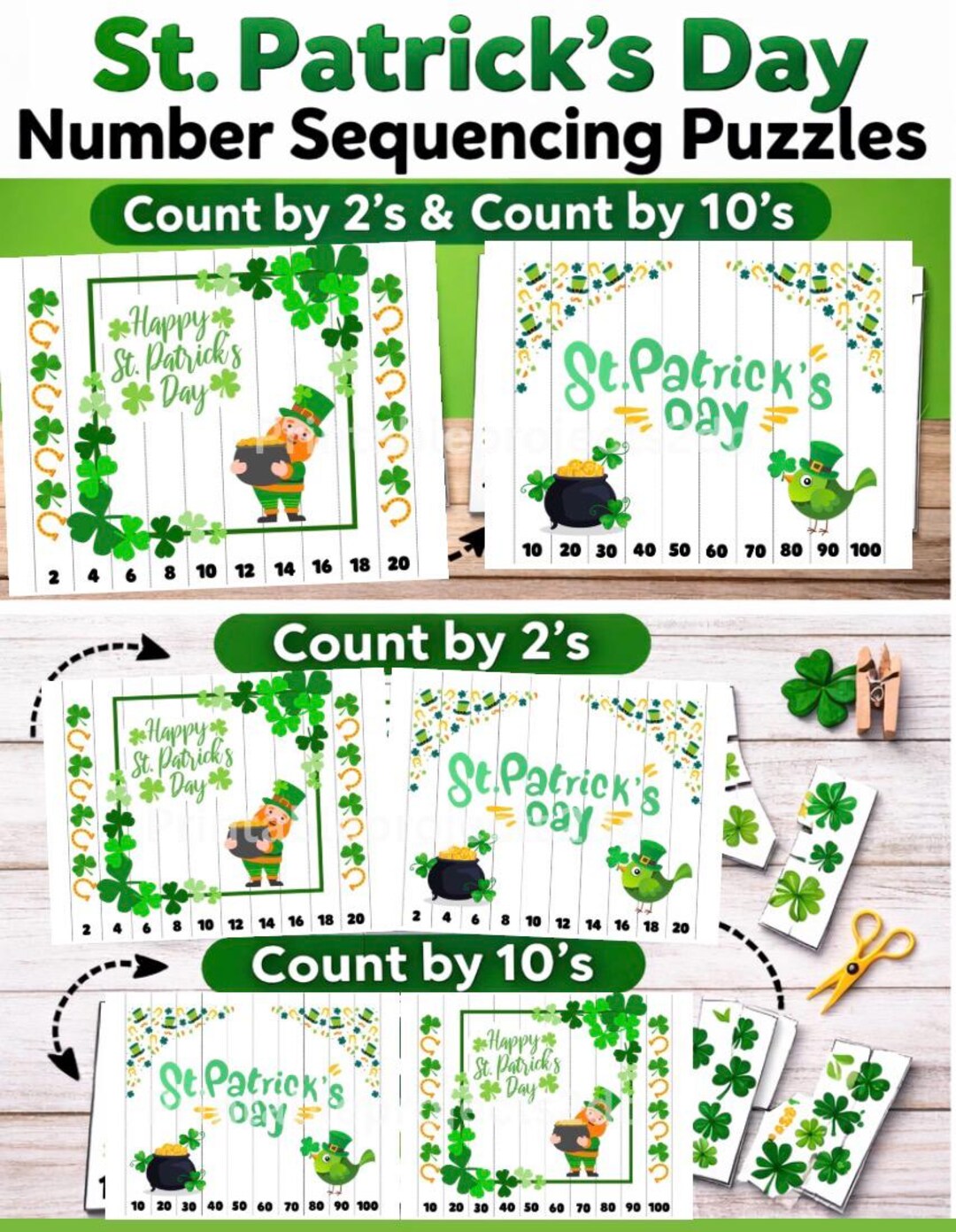 St. Patrick's Day Math Puzzles | Number Sequencing Activity (digital ...