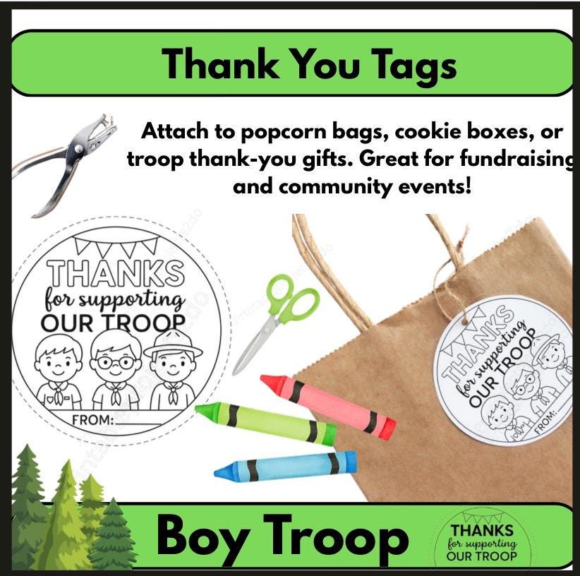 Boy Troop, Coloring Thank You Tags | DIY Fundraiser Gift Labels ...