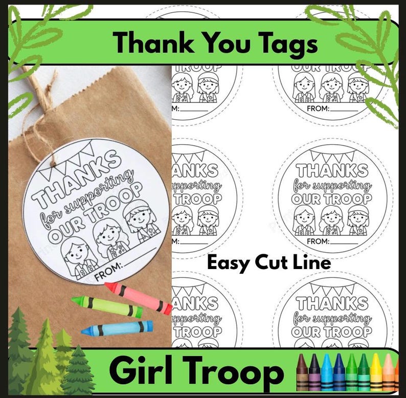 Girl Troop, Thank You Tags | Coloring Appreciation Labels (instant ...
