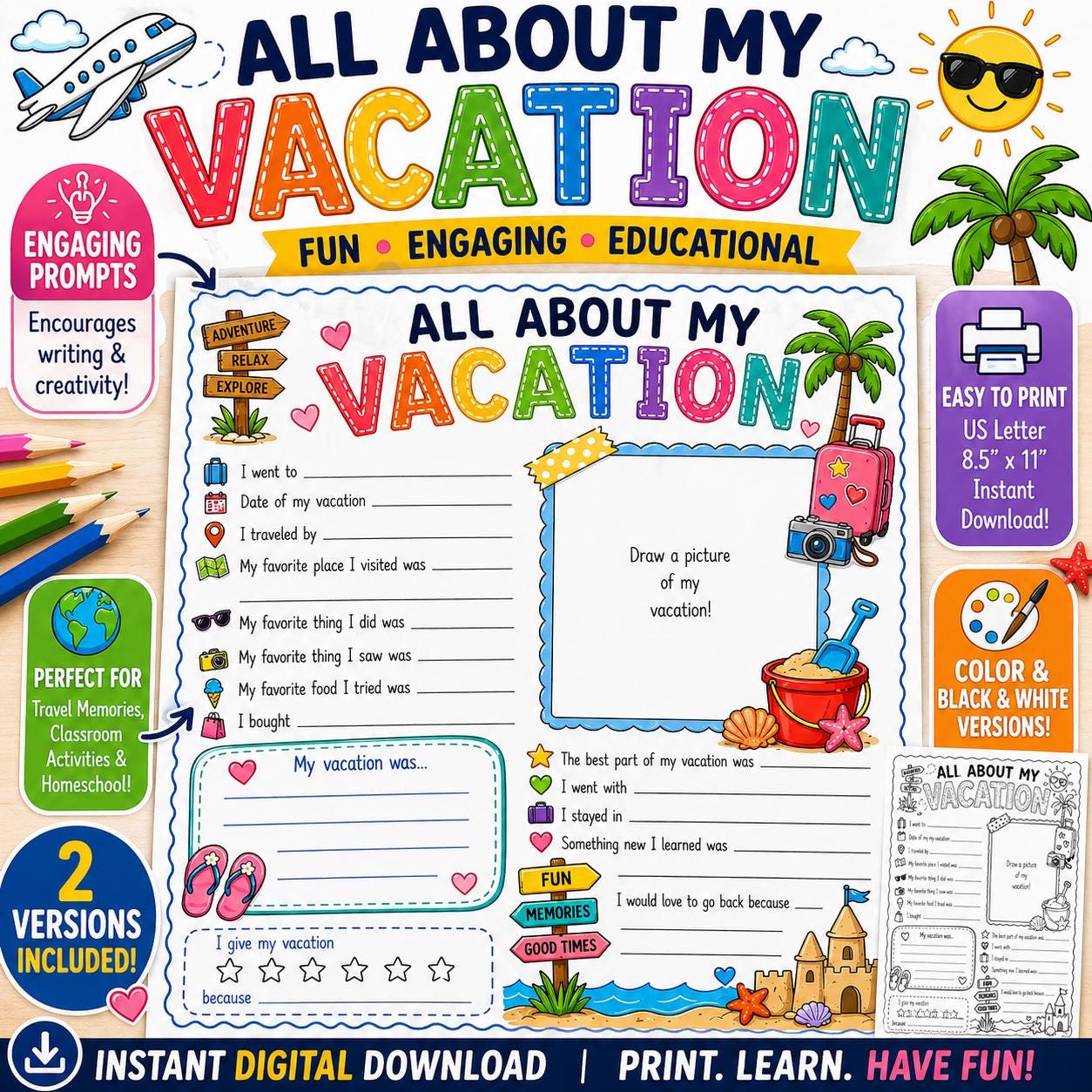 All About My Vacation Printable Worksheet, Vacation Memory Printable ...