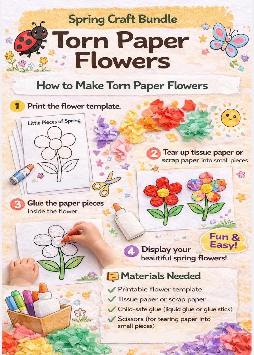 Spring Torn Paper Flower Craft Template, Preschool Activity, Fine Motor ...