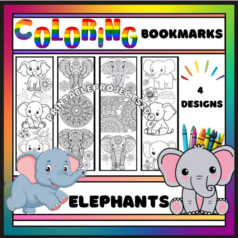 Elephant Coloring Bookmarks: Fun Activity, Set of 4 (PDF Printable - Etsy