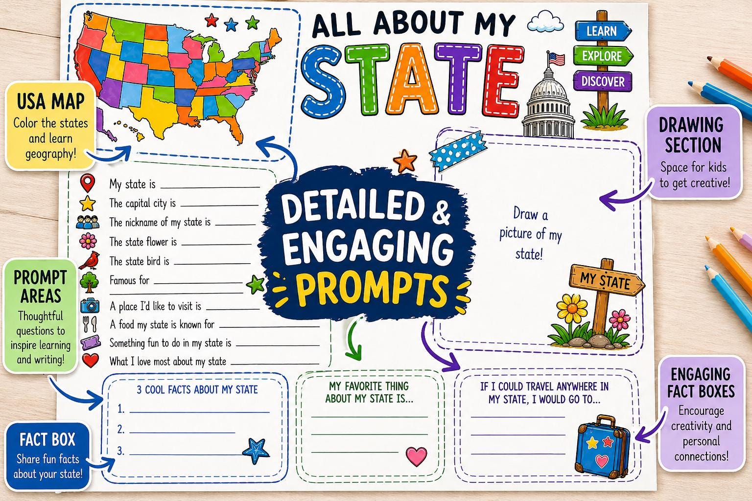 All About My State Printable Worksheet, US State Report Template for ...