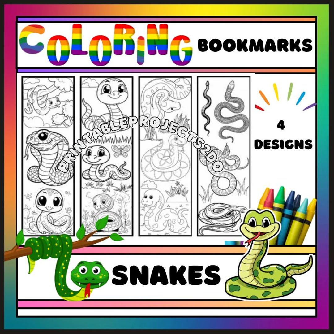 Snakes Coloring Bookmarks: Fun Activity, Set of 4 (instant Download PDF ...
