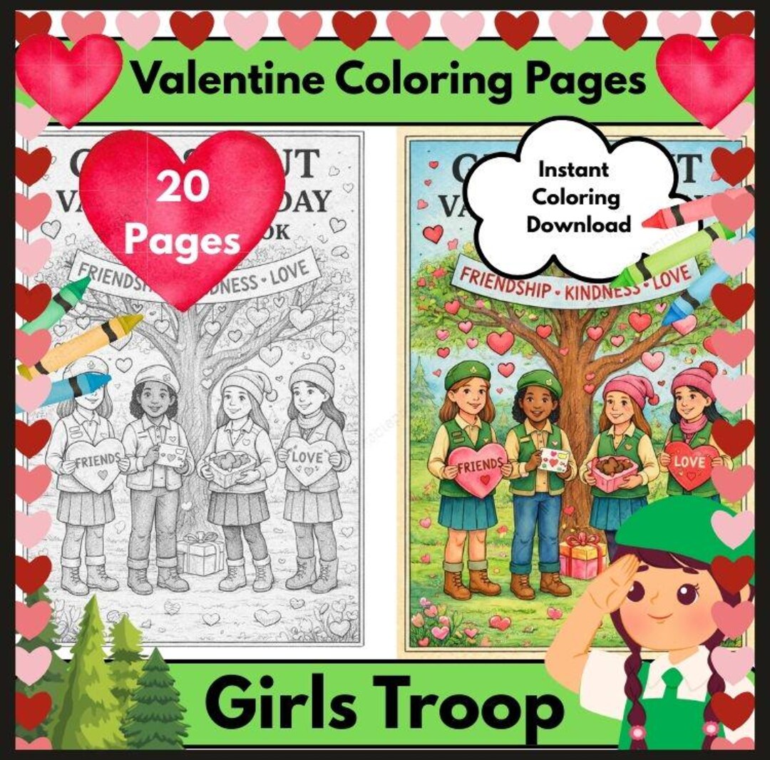 Girls Troop Valentine Coloring Book | 20 Page Printable Activity ...