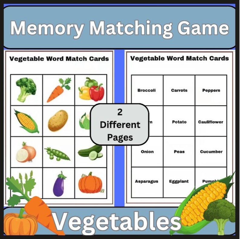 Vegetables Memory Game Cards, Digital Printable, Matching Center Labels ...