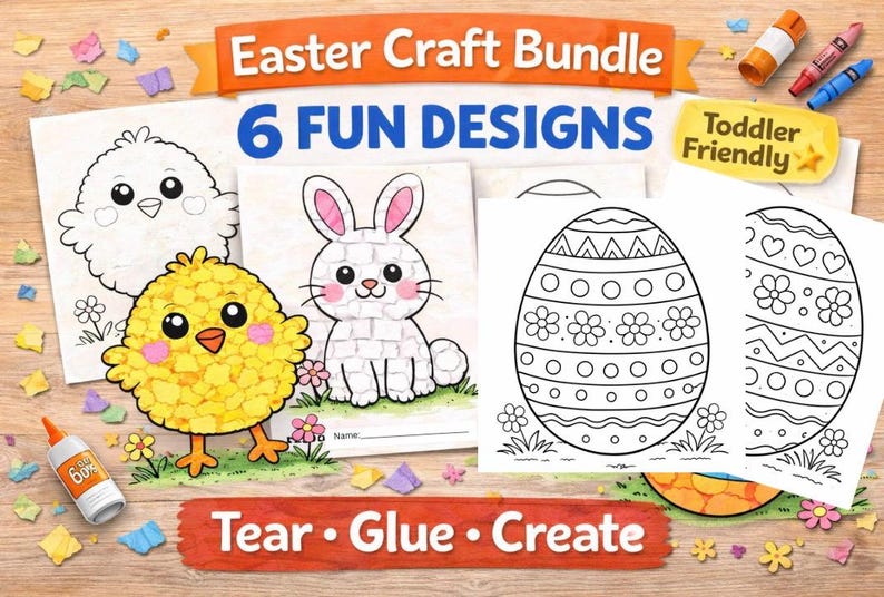 Easter Tissue Scrap Torn Paper Chick Bunny Egg Craft Bundle, Preschool ...