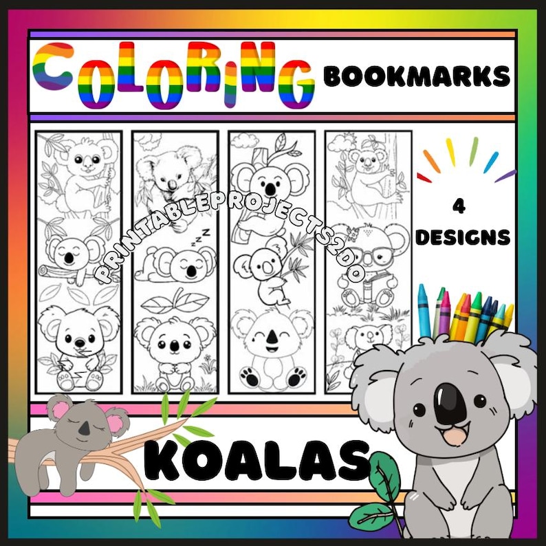Koala Coloring Bookmarks, Set of 4 Designs, Fun Kids Activity (digital ...