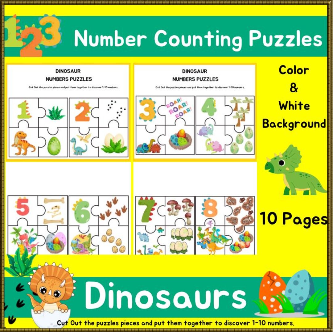 Dinosaur Math Puzzles: Counting Activity, Number Recognition (PDF ...