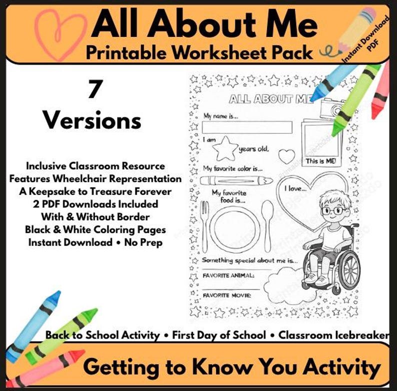 All About Me Worksheet, Back to School Activity, Wheelchair Inclusive ...
