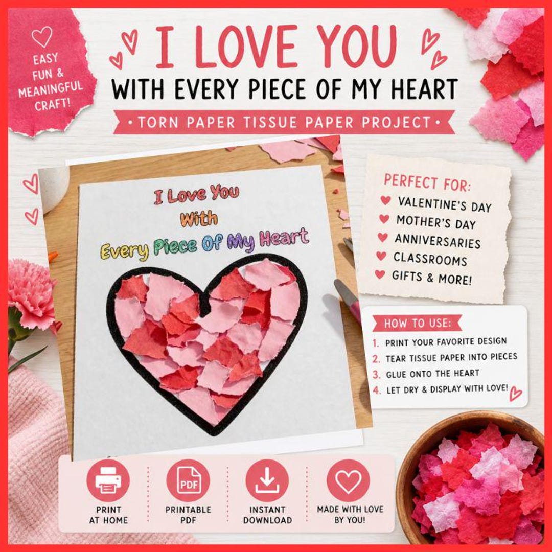 Torn Paper Heart Craft Printable, Tissue Paper Valentine Craft, Mothers ...