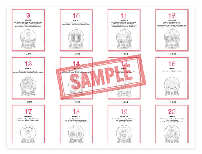 Snow Globe Advent Calendar Coloring Book, Bible Verse Matching Coloring ...