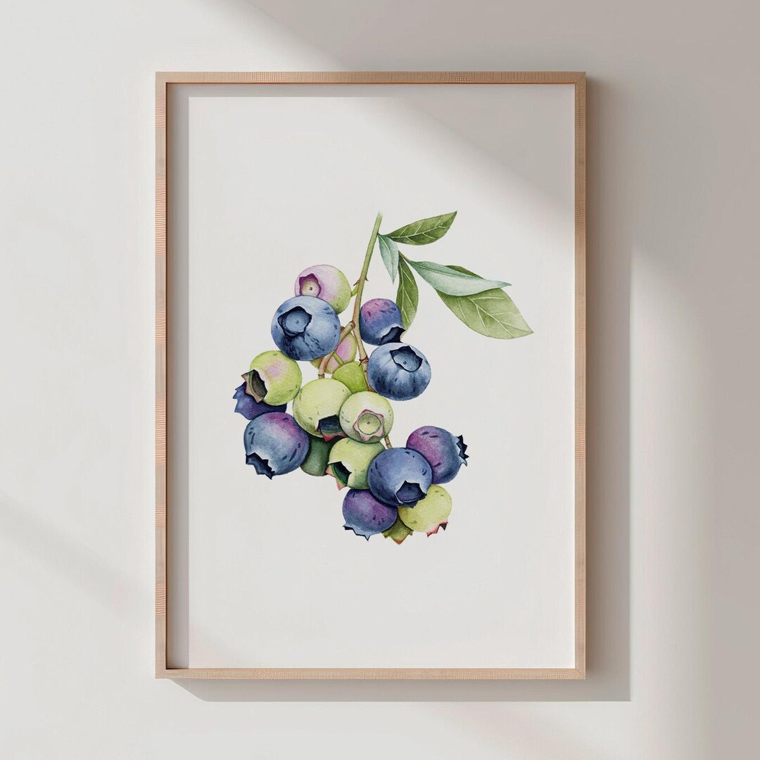 Watercolor Blueberries Art Print, Rustic Kitchen Wall Decor, Fruit ...