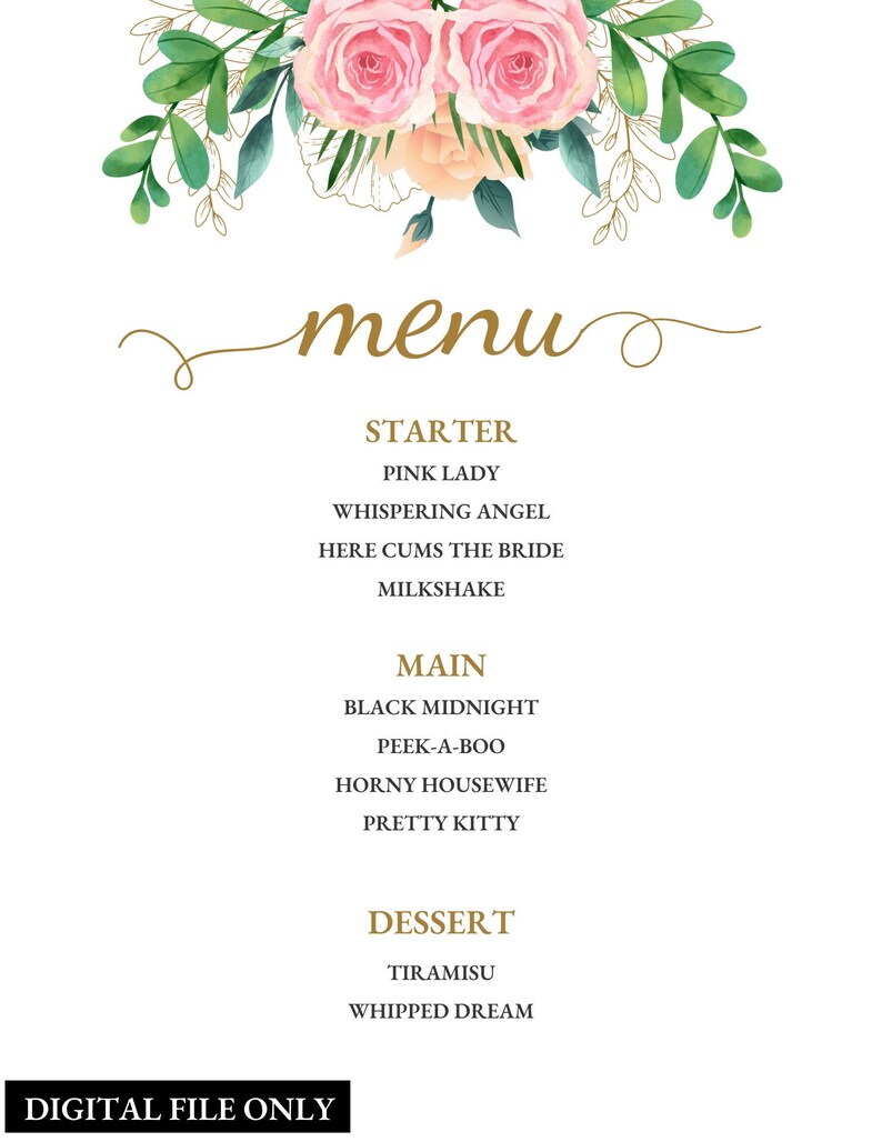 Bridal Lingerie Menu -- Bridal Shower Personalized Menu Bachelorette - Etsy