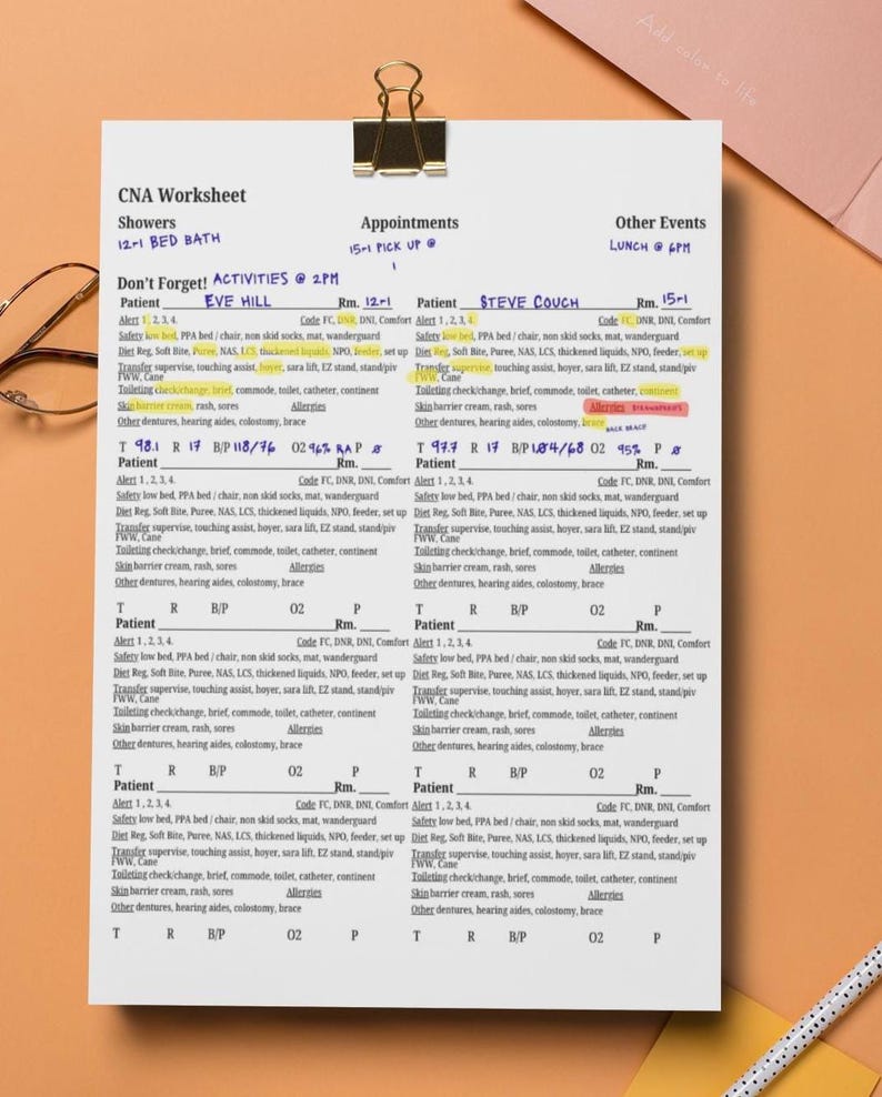 CNA Worksheet Digital Download for Shifts - Etsy