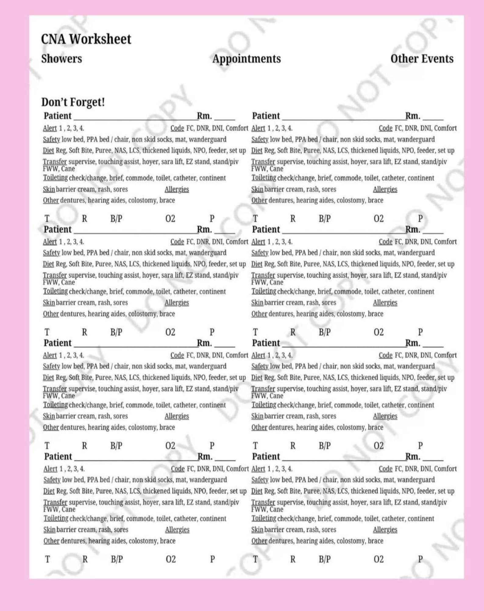 CNA Worksheet Digital Download for Shifts - Etsy