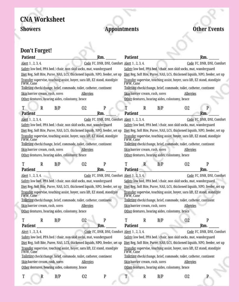 CNA Worksheet Digital Download for Shifts - Etsy