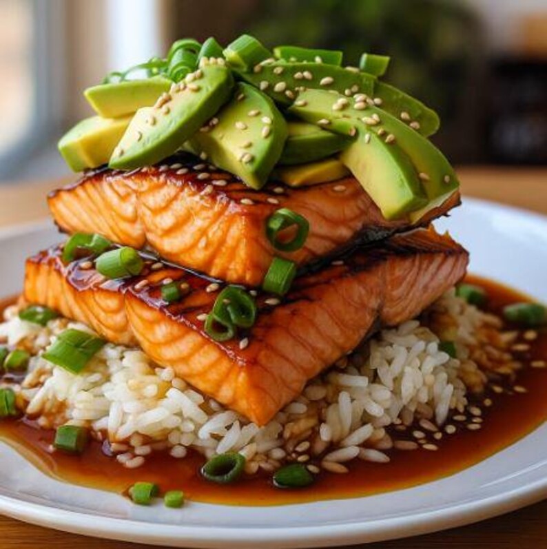 Teriyaki Salmon Avocado Rice Stack Recipe (digital Download) - Etsy