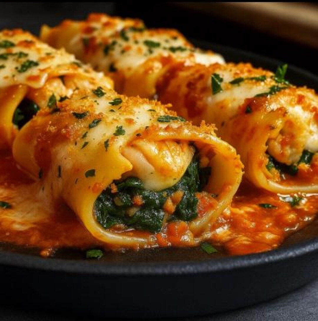 Shrimp & Spinach Stuffed Pasta Rolls Recipe: Roasted Red Pepper Cream ...