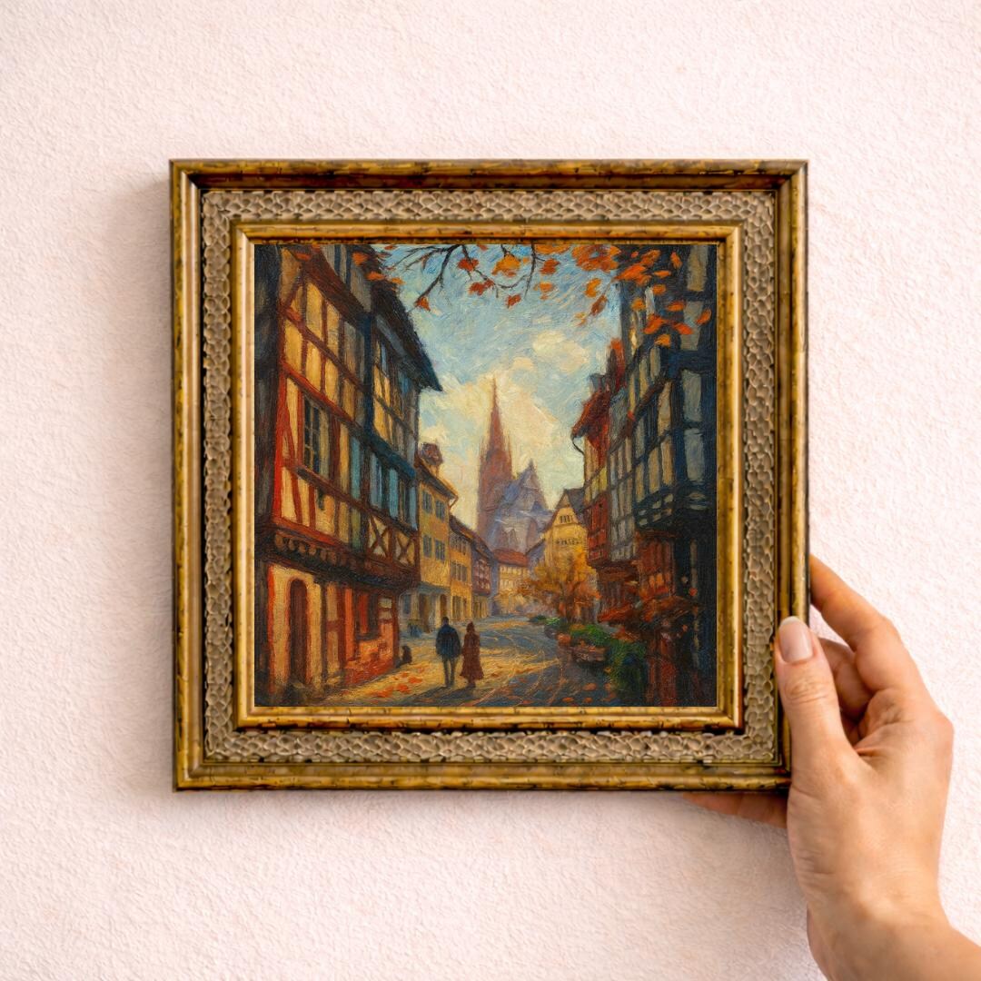 Autumn Old Town Street Oil Painting, Medieval European City Scene Wall ...