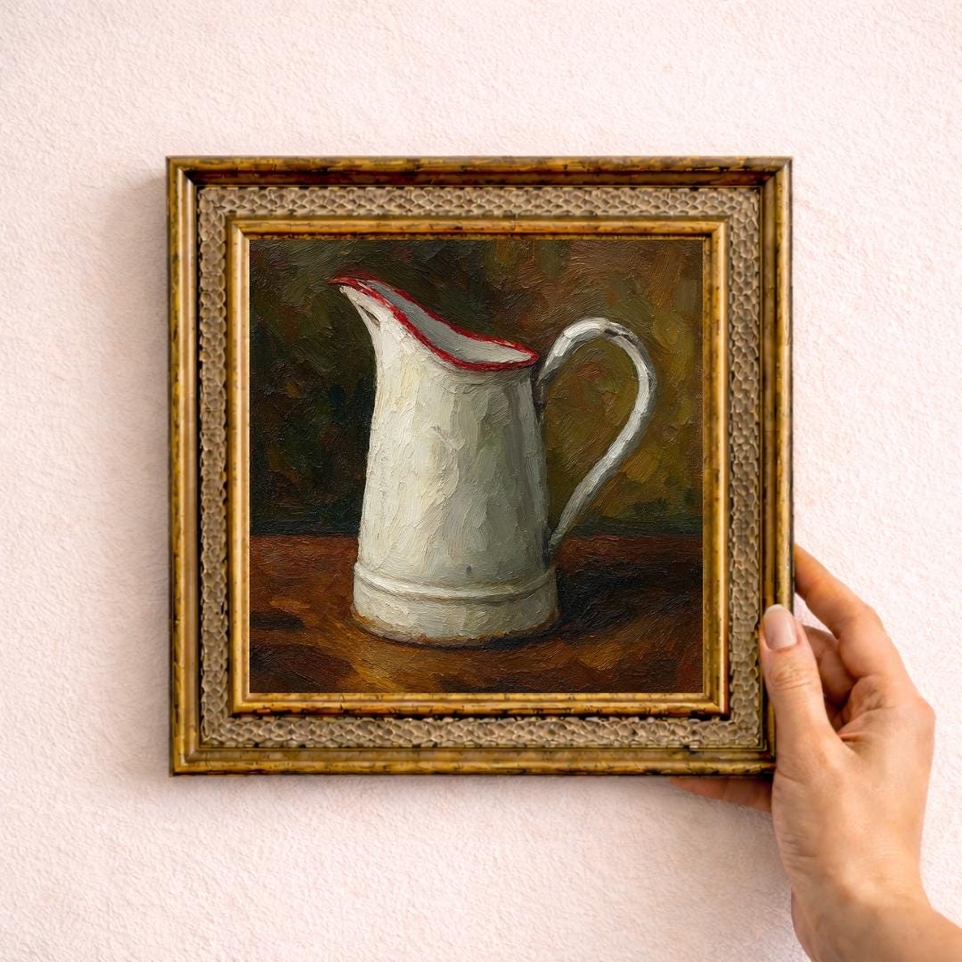 White Pitcher Still Life Painting, Vintage Kitchen Art, Rustic ...