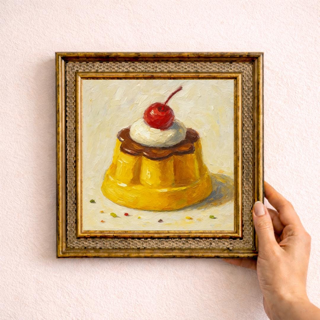 Custard Pudding Oil Painting Framed Vintage Wall Art, Cottagecore ...