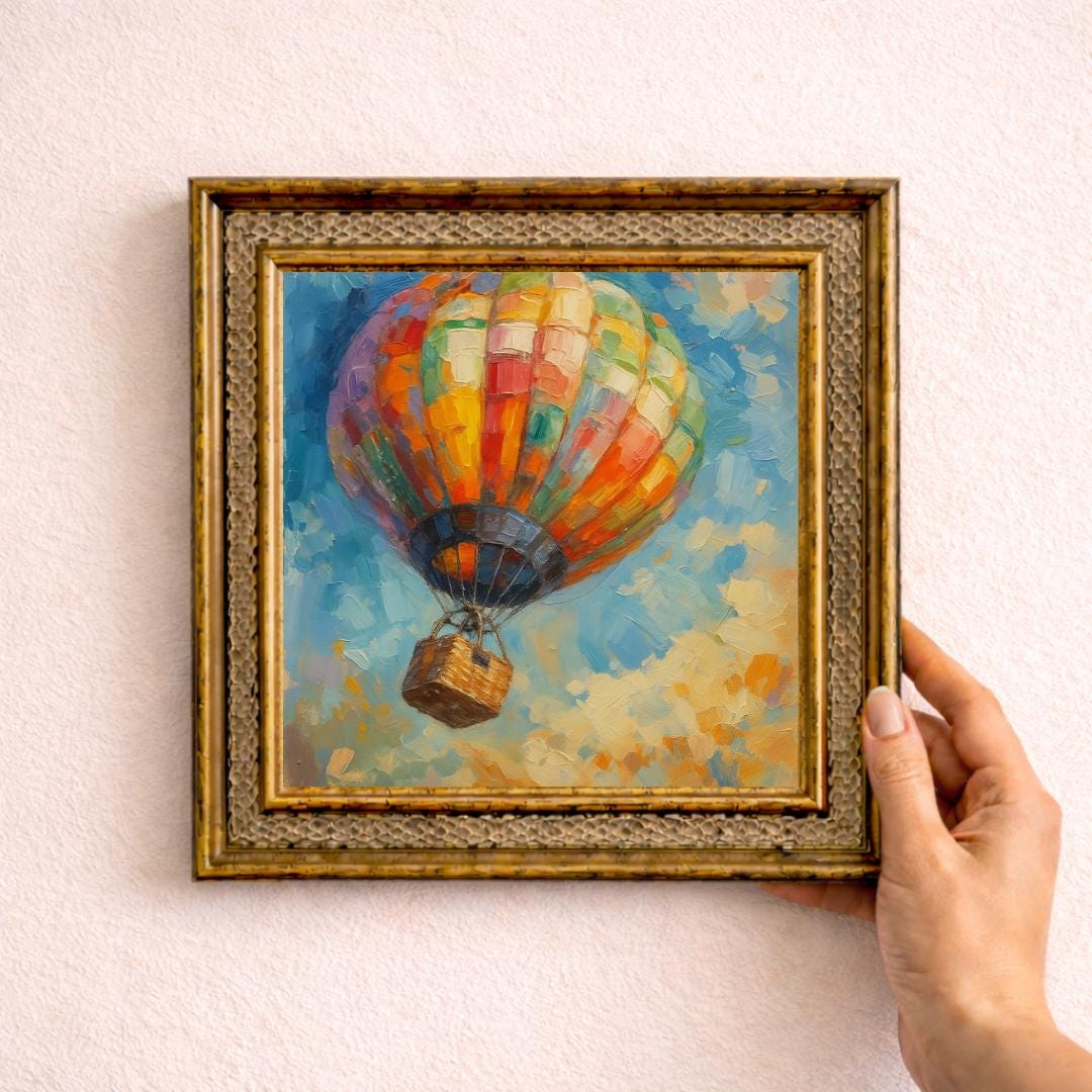 Hot Air Balloon Oil Painting, Colorful Travel Wall Art, Dreamy Sky ...