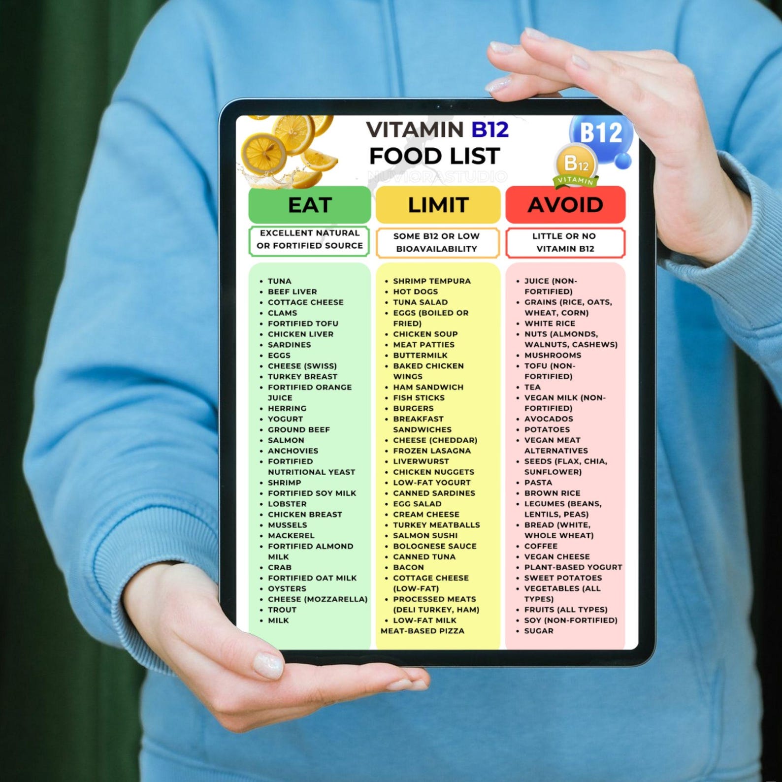 Vitamin B12 Food List, High B12 Foods, Eat Limit Avoid Chart, Printable ...