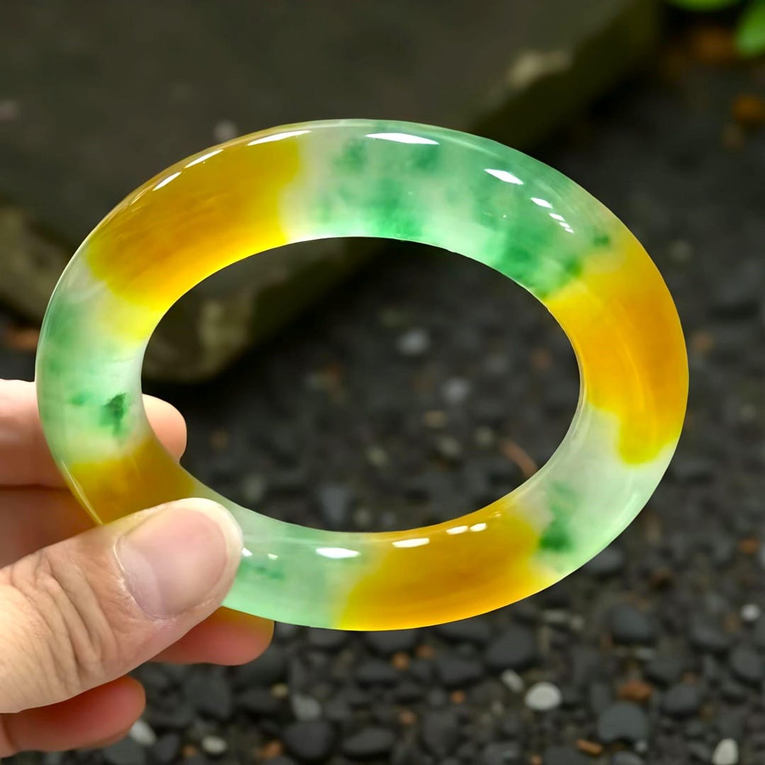Thick Yellow Floating Flower Jade Bangle|ice Green Gemstone Bangle ...