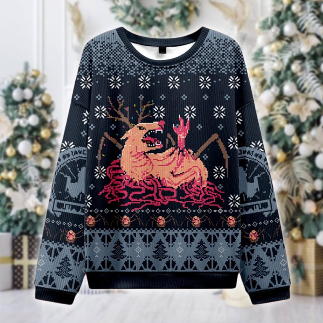 Cursed Reindeer Ugly Christmas Sweater, Creepy Deer Monster Knit Jumper ...