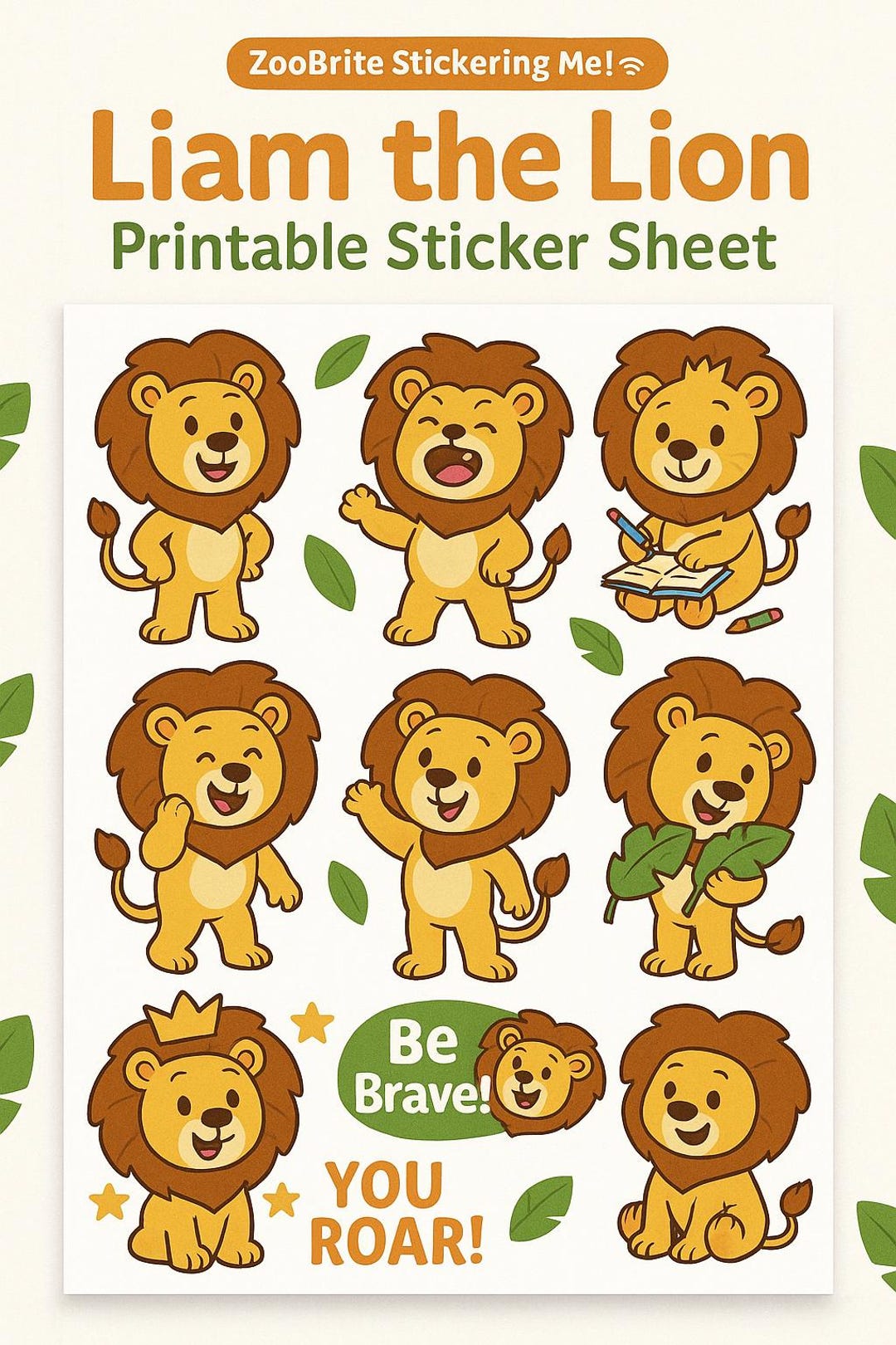 Liam the Lion Stickers | Printable Zoo Animal Sheet (PDF) - Etsy UK