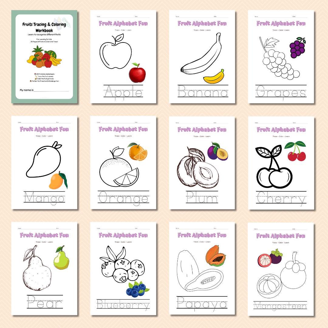 Fruits Tracing Coloring Workbook for Kids | 25 Printable Pages ...