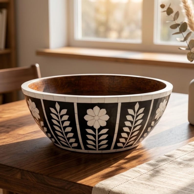 Handmade Black Walnut Bowl With Floral Resin Inlay | Boho Kitchen Decor ...