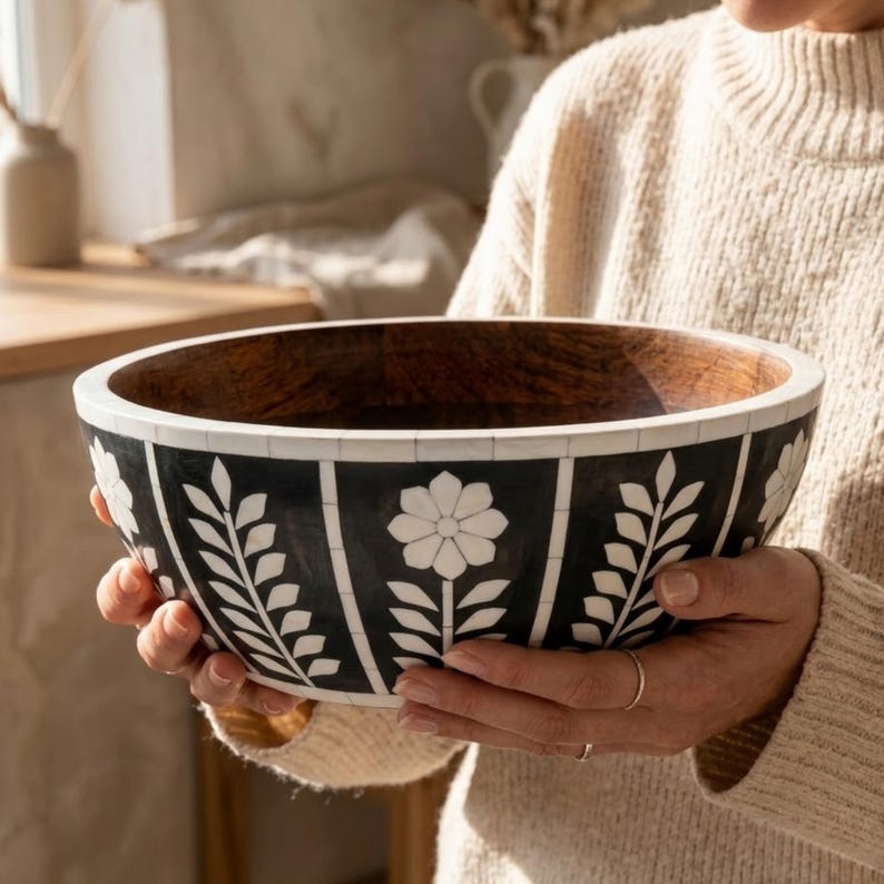 Handmade Black Walnut Bowl With Floral Resin Inlay | Boho Kitchen Decor ...