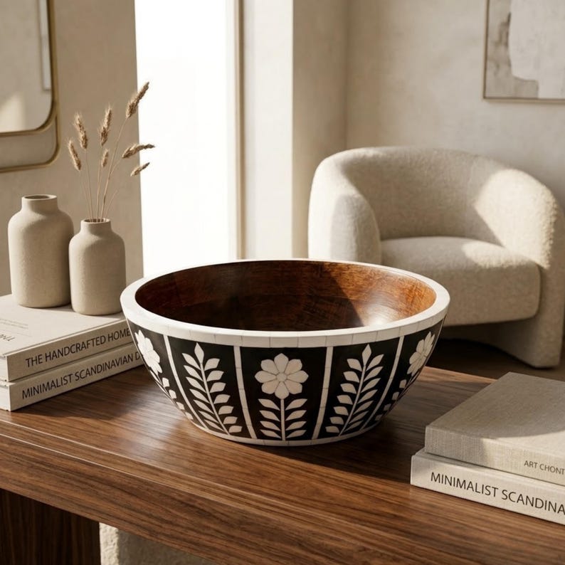 Handmade Black Walnut Bowl With Floral Resin Inlay | Boho Kitchen Decor ...
